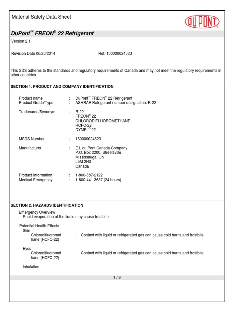 Dupont Freon 22 Refrigerant: Material Safety Data Sheet | Download Free ...