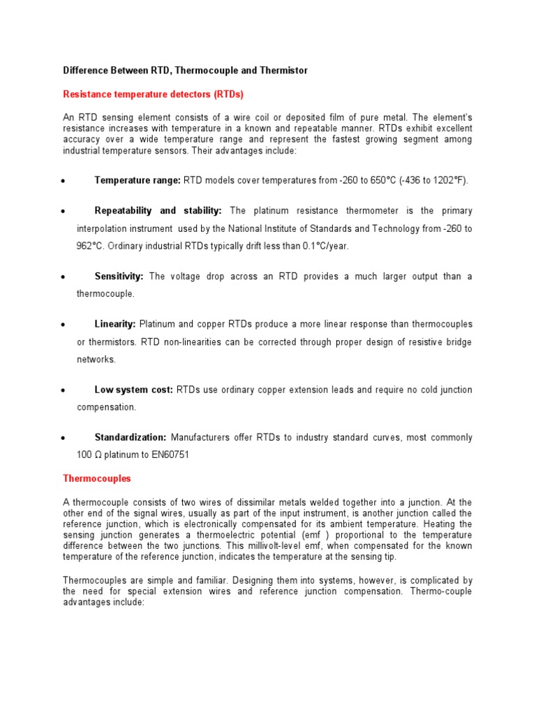 Difference Between RTD, Thermocouple and Thermistor | PDF | Thermocouple | Electrical Engineering