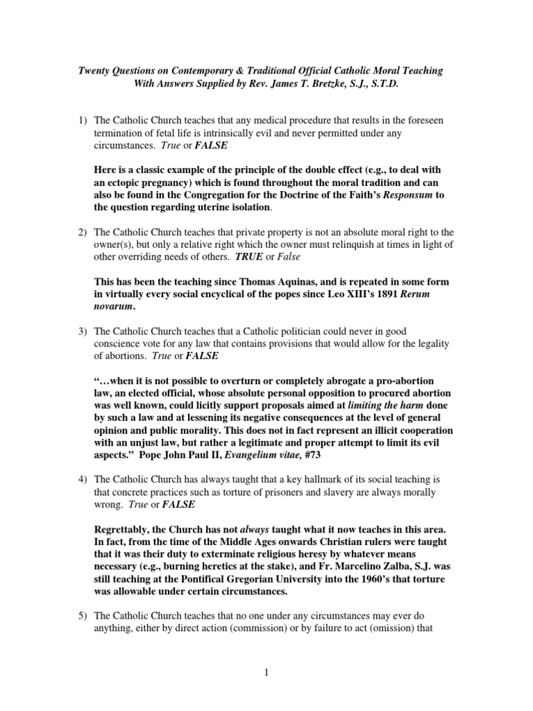 Twenty Questions On Contemporary & Traditional Official Catholic Moral ...