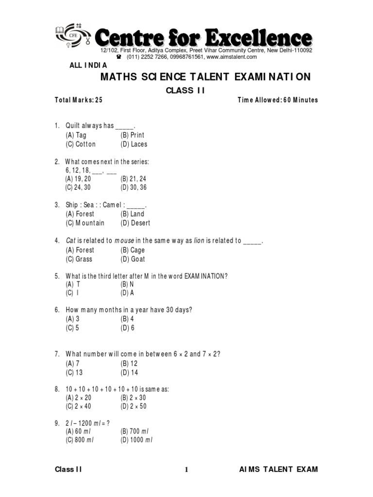 Maths Science Talent Examination: Class Ii | PDF | Nature