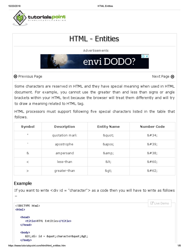 HTML - Entities: Advertisements | PDF | Quotation Mark | Html