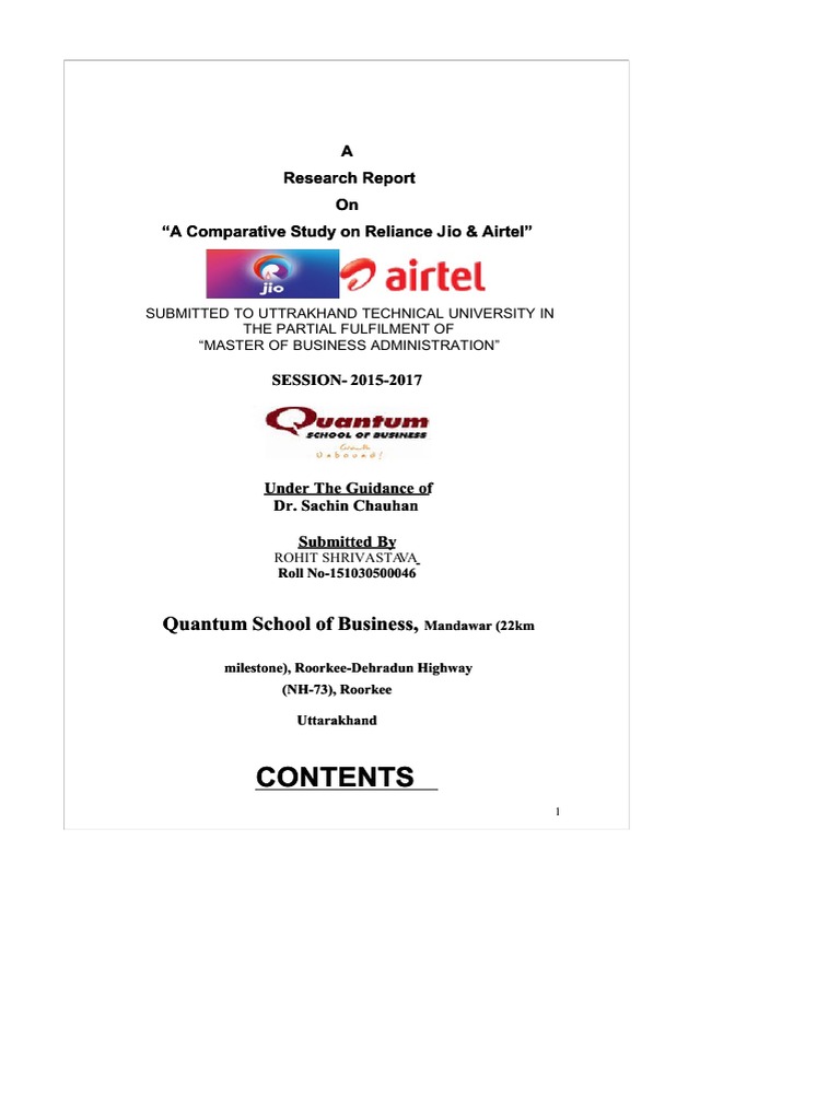 Project Report On Jio Vs Airtel PDF | Download Free PDF | Telecommunications | Information And ...