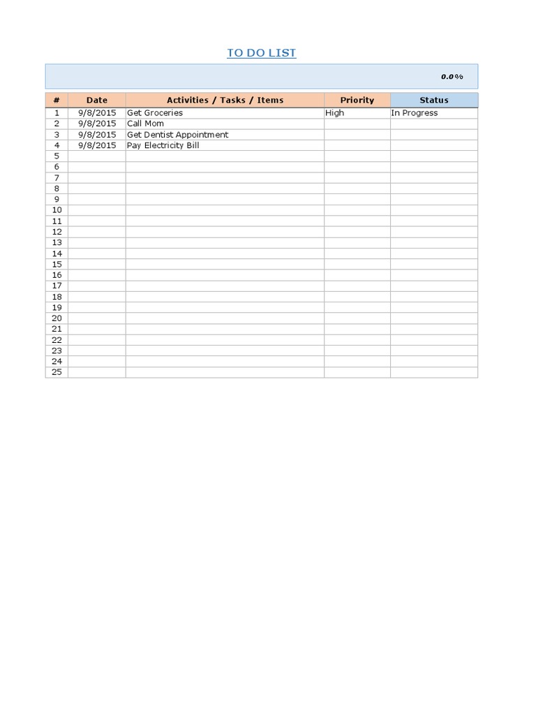 Excel To Do List Template Drop Down List | PDF