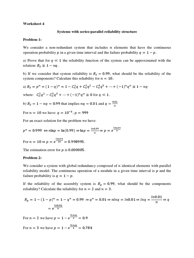 Worksheet 4 Systems With Series-Parallel Reliability Structure Problem ...