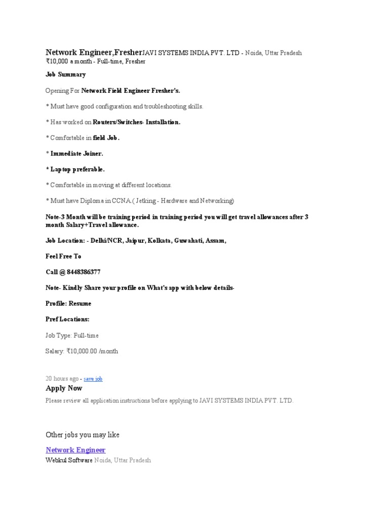 Network Engineer Jobs for Freshers | PDF | Computers | Business