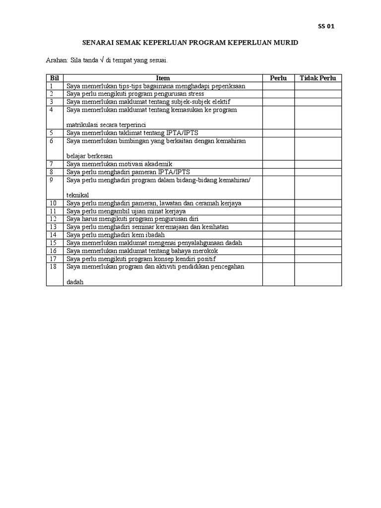 Senarai Semak Keperluan Program Keperluan Murid SS01 | PDF