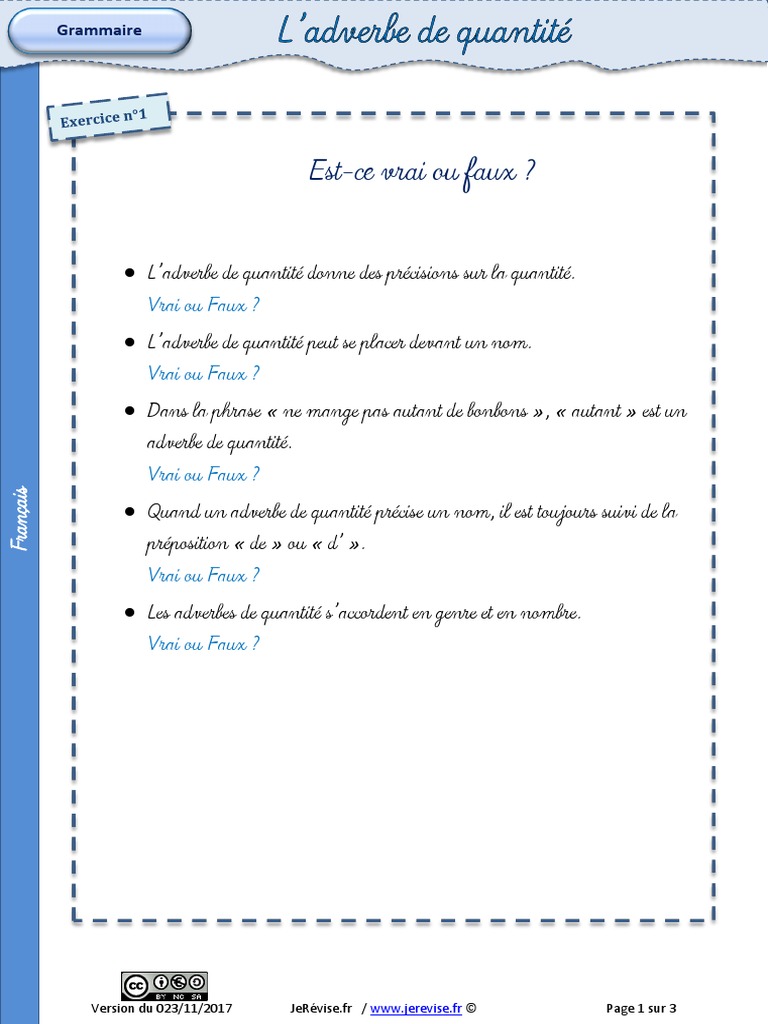 Exercice Adverbe Quantite | PDF