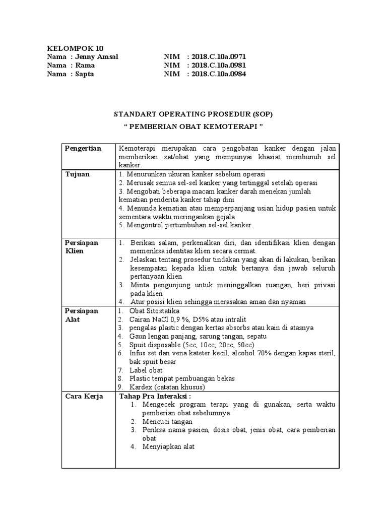 Sop Pemberian Obat Kemoterapi | PDF