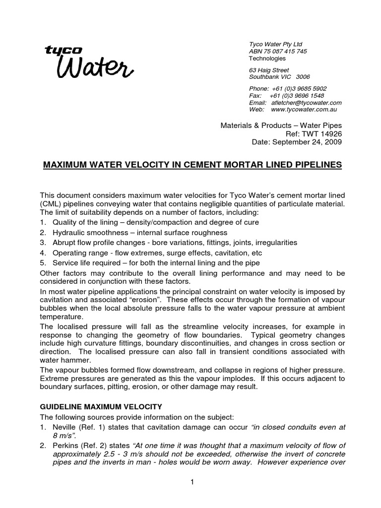 TWT 14926 Maximum Allowable Water Velocities in CML Pipe | PDF | Pipe ...