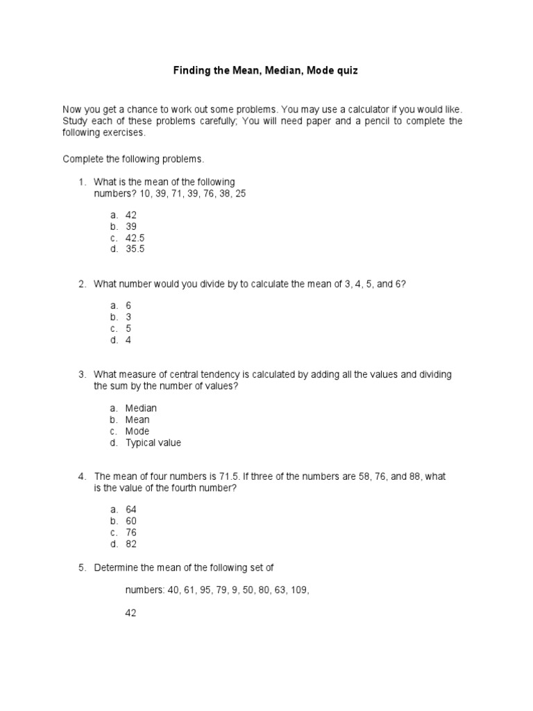 Mean Median Mode Test | PDF | Mode (Statistics) | Mean