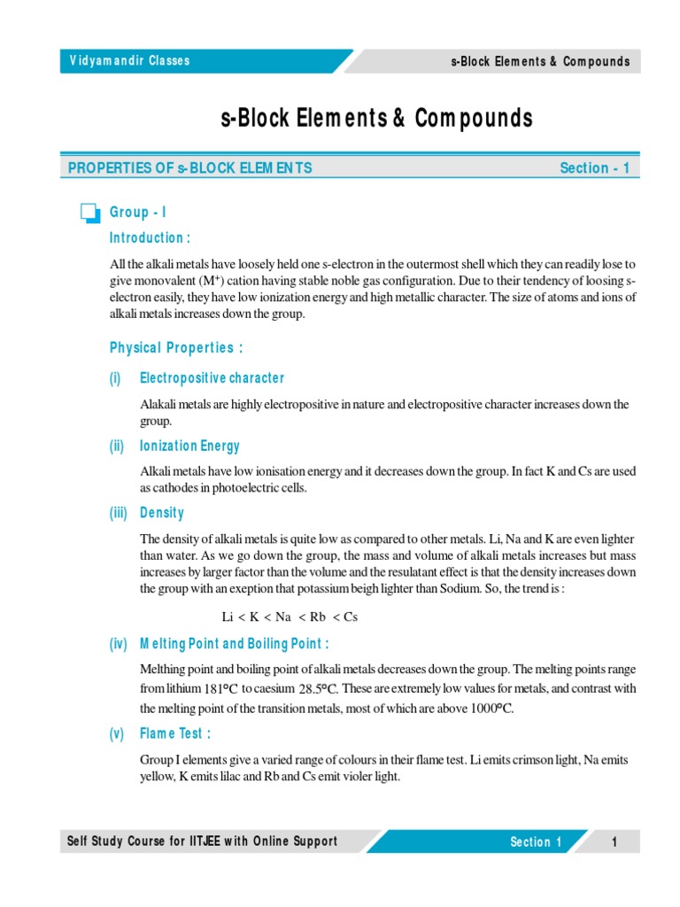 S-Block Elements & Compounds: Group - I | PDF | Ion | Sodium Hydroxide