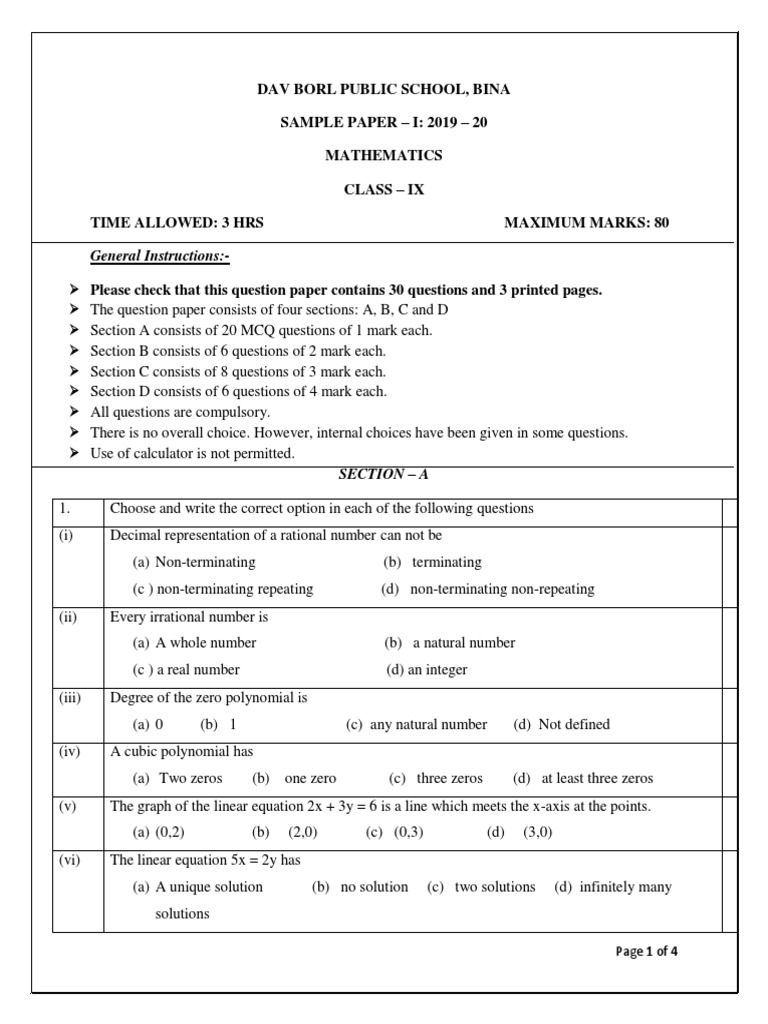 CBSE Class 9th Maths Mid Term Sample Paper (DAV) 2019-20 | PDF | Triangle | Algebra