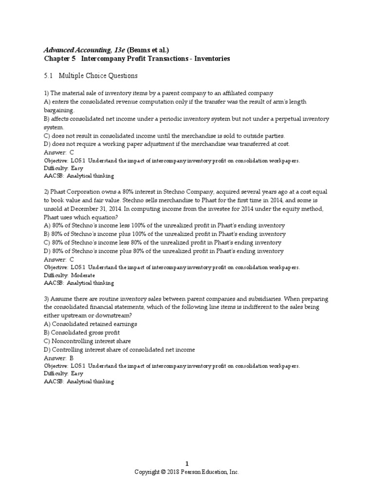 5.1 Multiple Choice Questions: Chapter 5 Intercompany Profit Transactions - Inventories | PDF ...