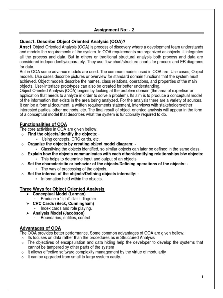 Assignment No: - 2 Ques:1. Describe Object Oriented Analysis (OOA) ? Ans:1 | PDF | Object ...