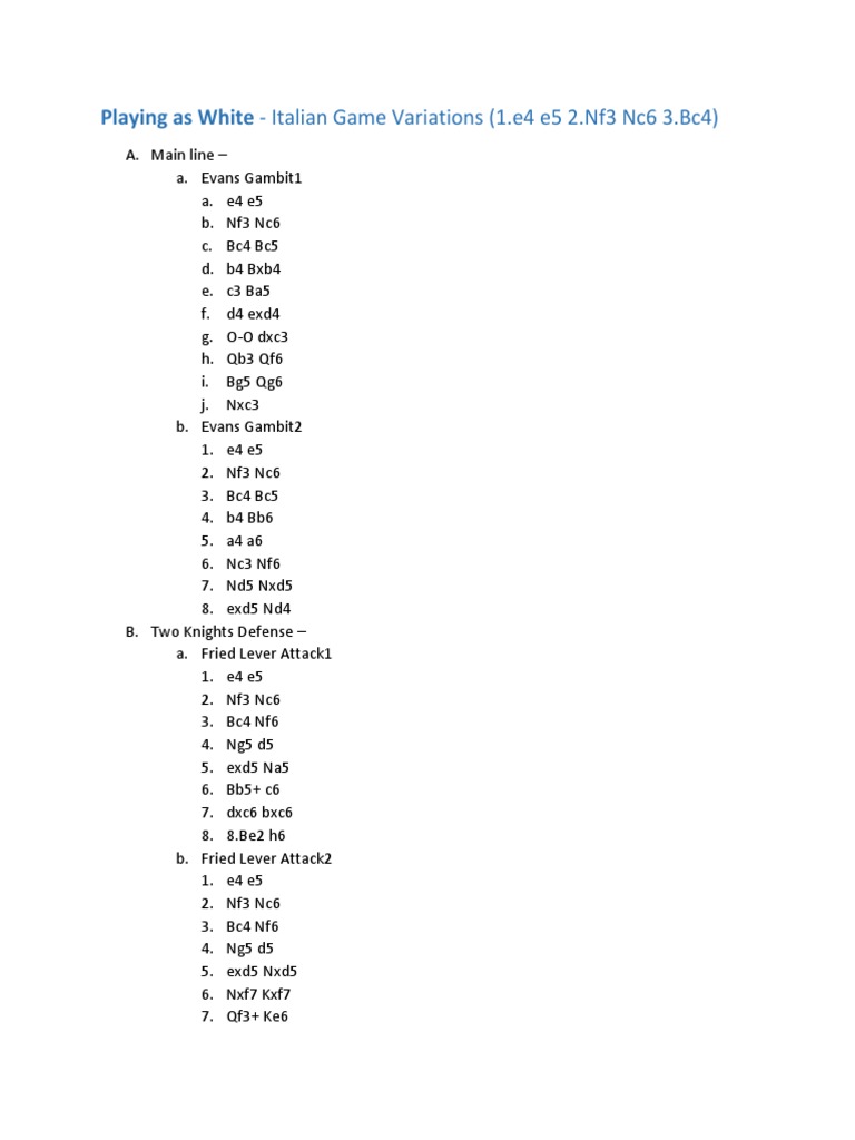 Playing As White: - Italian Game Variations (1.e4 E5 2.Nf3 Nc6 3.Bc4 ...