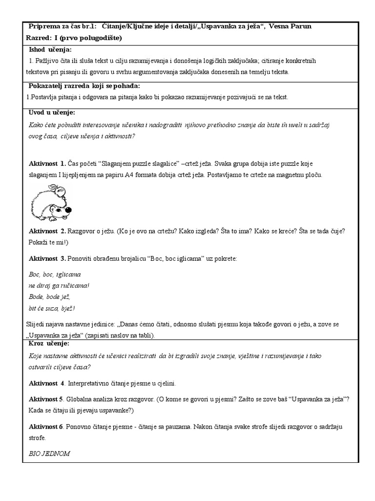 Čitanje Uspavanka Za Ježa Vesna Parun 3 | PDF