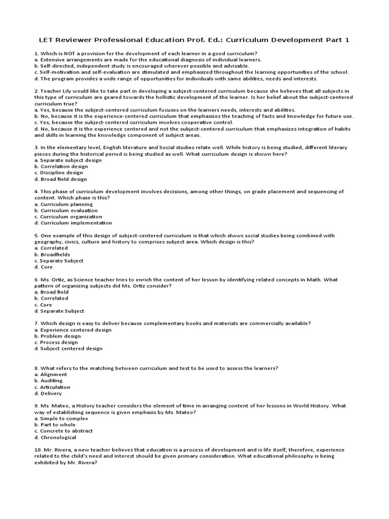 LET Reviewer Professional Education Prof. Ed.: Curriculum Development ...