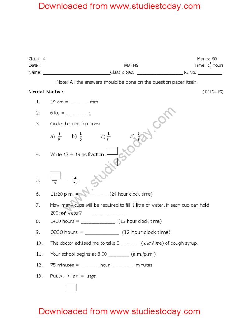CBSE Class 4 Mathematics Sample Paper Set E - 4 PDF | PDF | Fraction ...