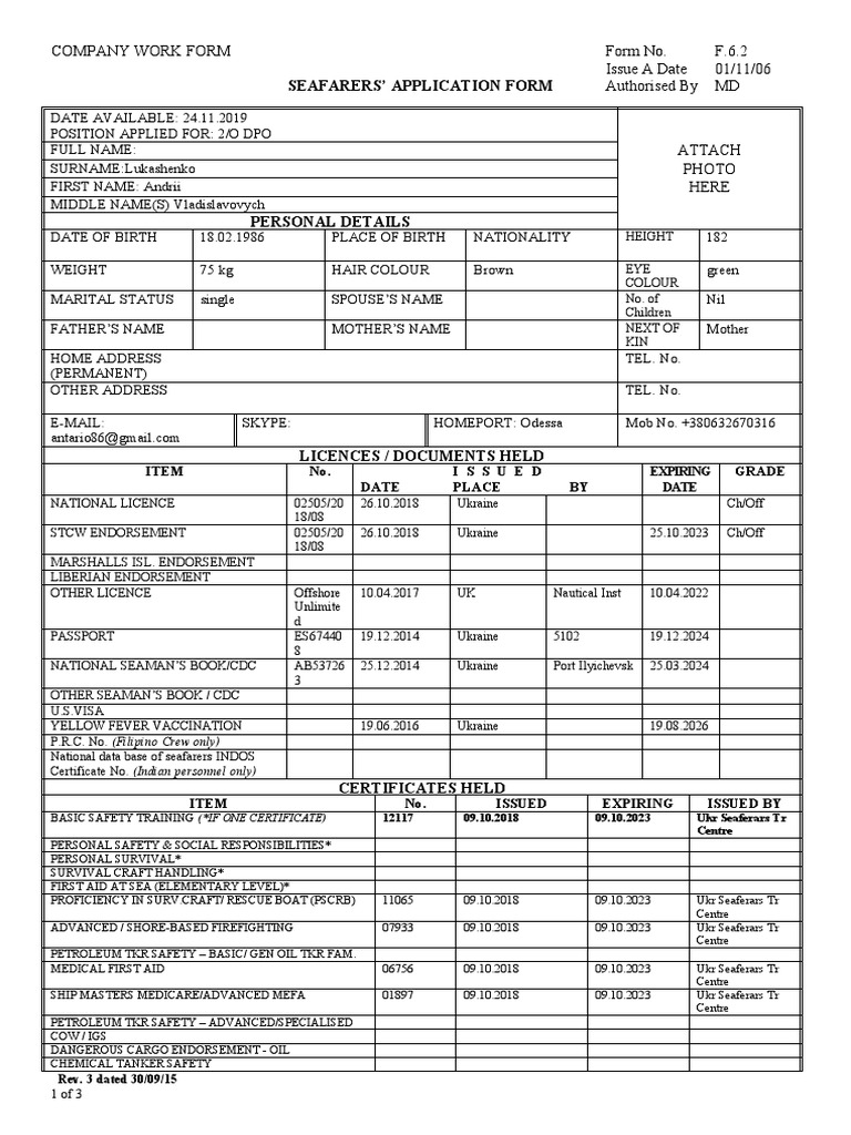 Seafarers' Application Form: Company Work Form Form No. F.6.2 Issue A ...