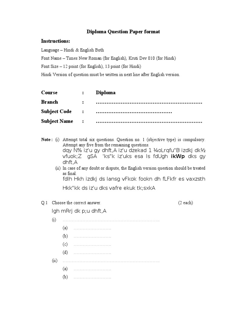 Diploma Question Paper Format Instructions | PDF | Typography