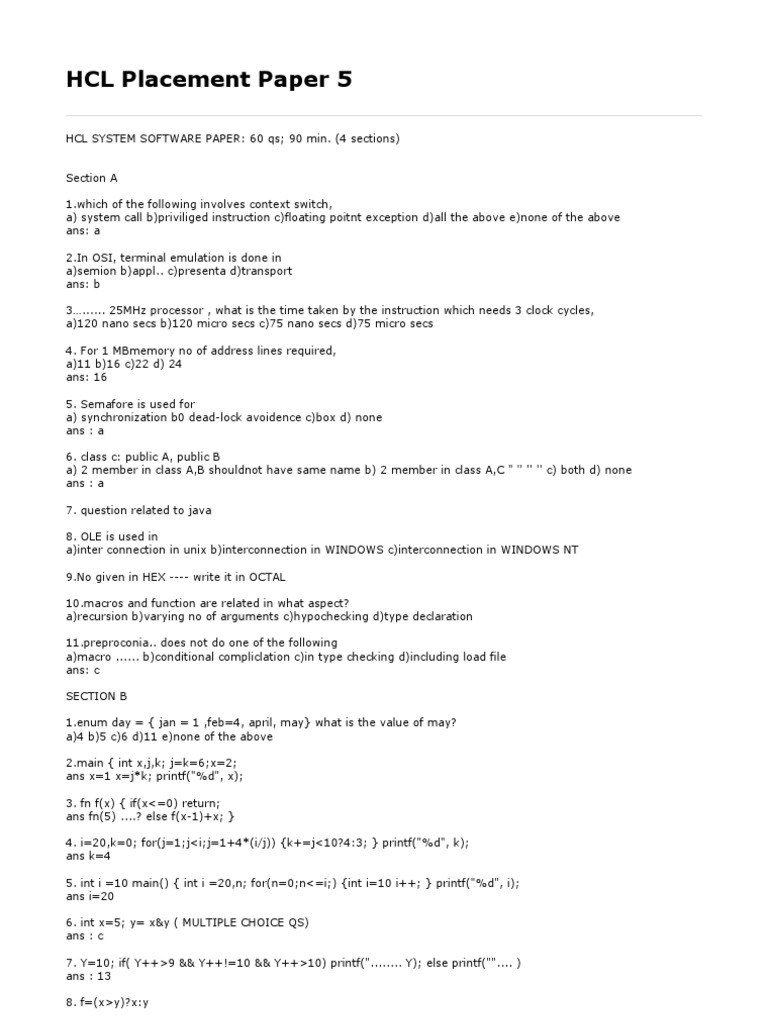 HCL Placement Paper 5 | PDF | C (Programming Language) | Software Engineering