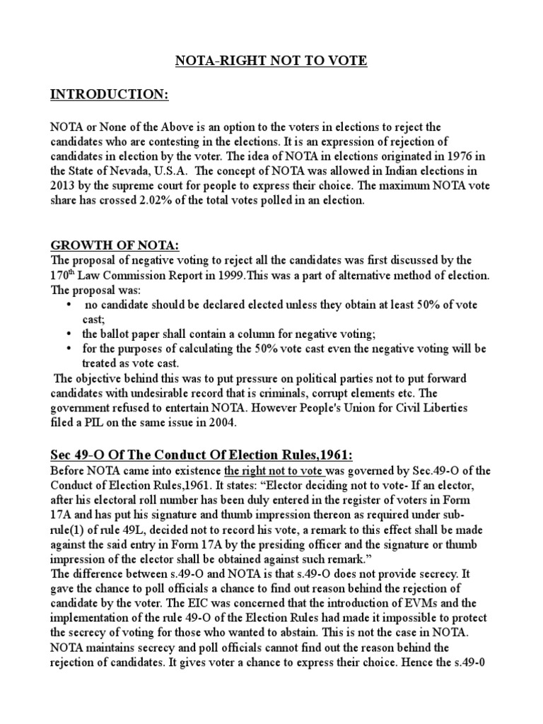 Nota-Right Not To Vote | Download Free PDF | Voting | Elections
