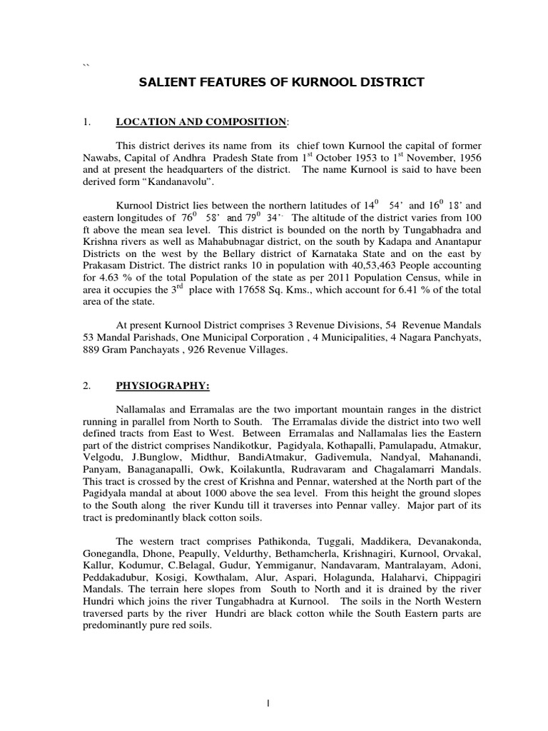 Salient Features of Kurnool District: Location and Composition ...