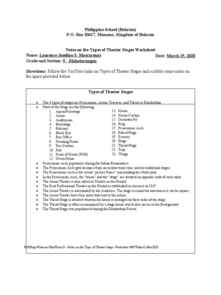 Form D Notes On The Types of Theater Stages Worksheet | PDF | Theatre ...