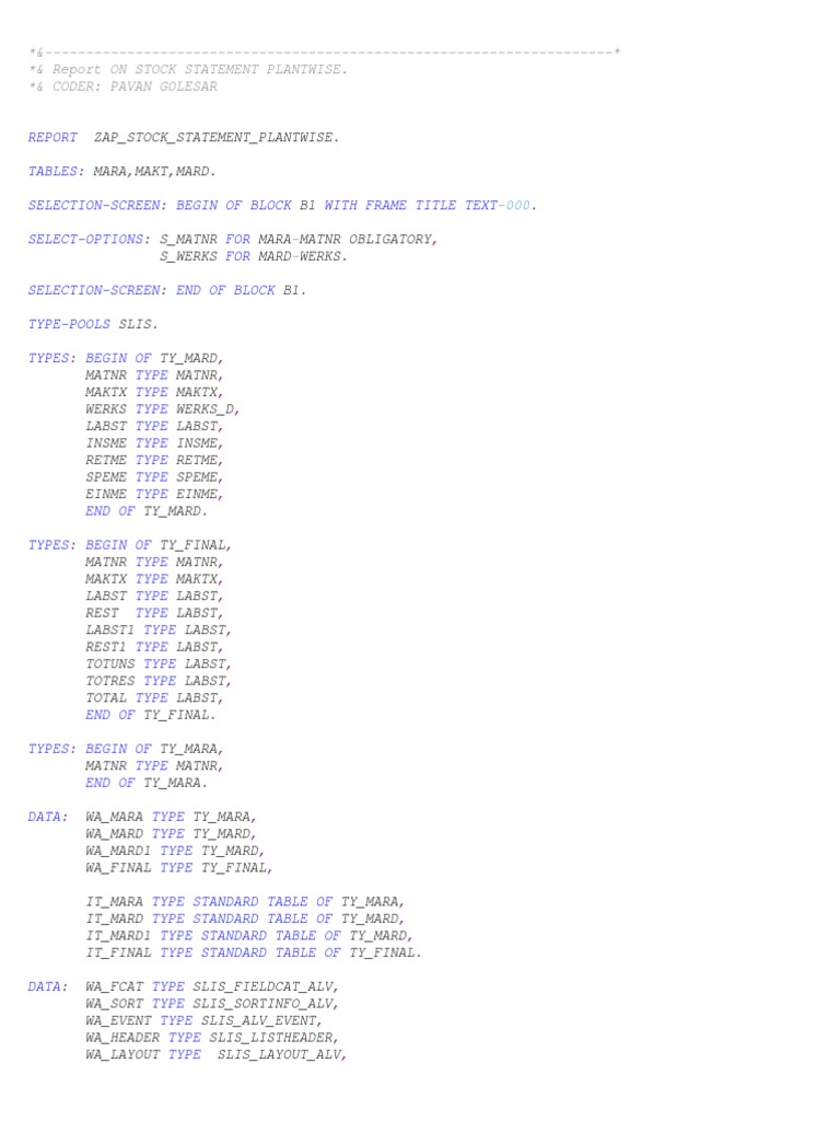 Complex ALV Report On Stock Statement Plantwise (MMBE) | PDF | Computer Programming | Computing