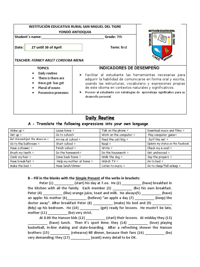 Guia Grado Septimo Ingles Semana Del 27 Al 01 | PDF | Morphology | Syntax