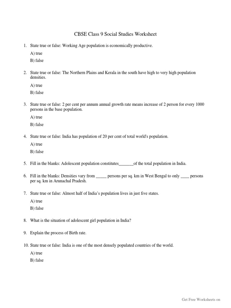 Class 9 CBSE Social Studies Worksheet | PDF | Birth Rate