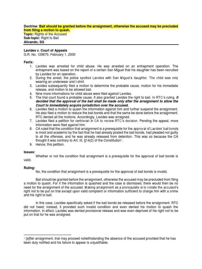 Lavides v. CA Digest | PDF | Bail | Arraignment