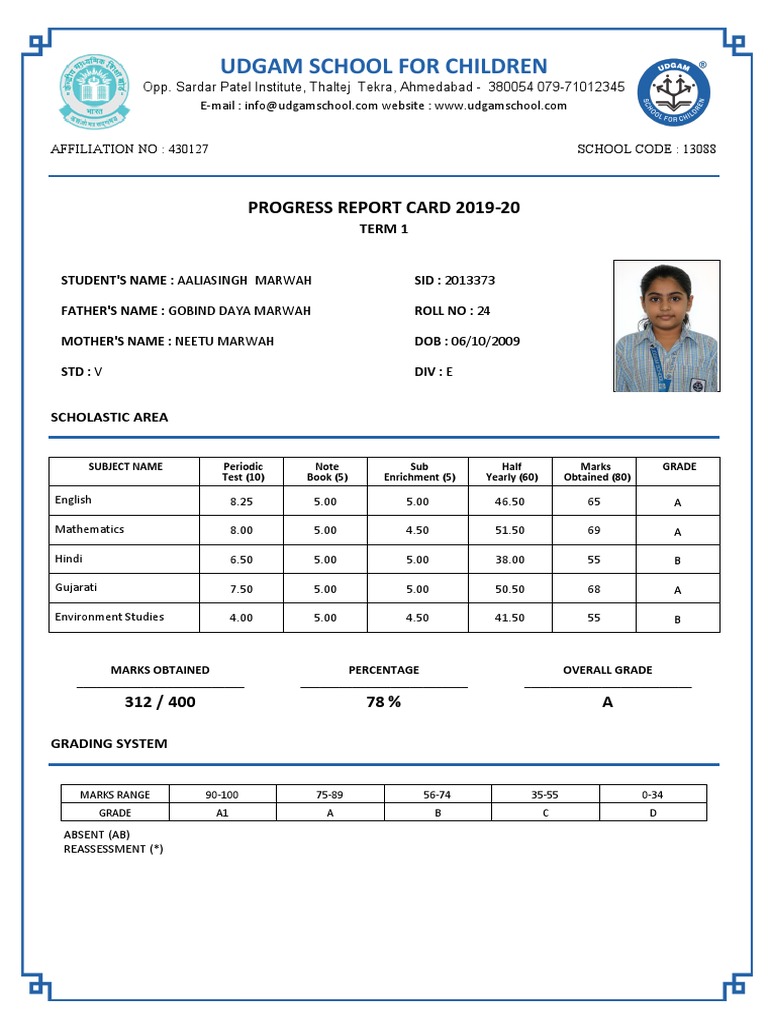 Udgam School For Children: Progress Report Card 2019-20 | PDF ...