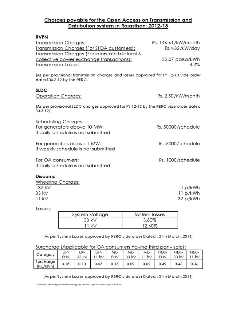 Rajasthan Transmission and Distribution Charges 2012-13 | PDF ...