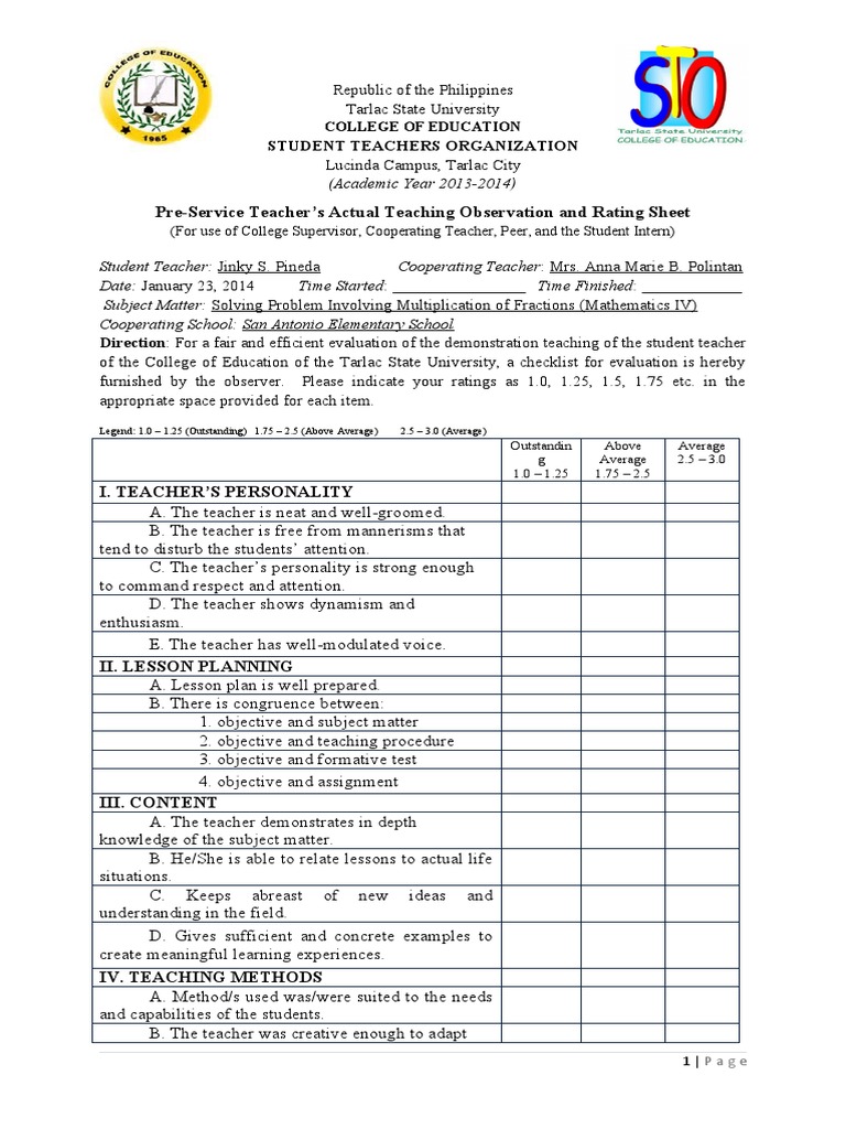Pre-Service Teacher's Actual Teaching Observation and Rating Sheet ...