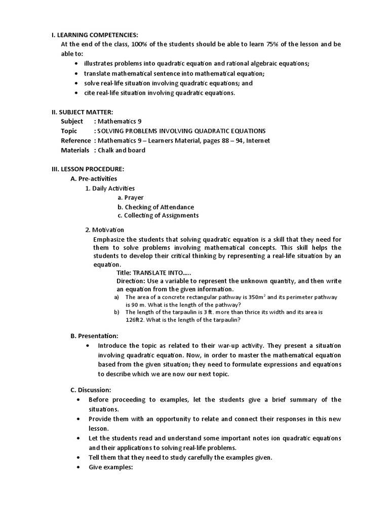 Solving Problems Involving Quadratic Equations | Download Free PDF ...