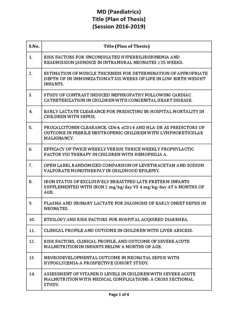 MD Paediatrics - Plan of Thesis (Year 2016) | PDF | Sepsis | Malnutrition