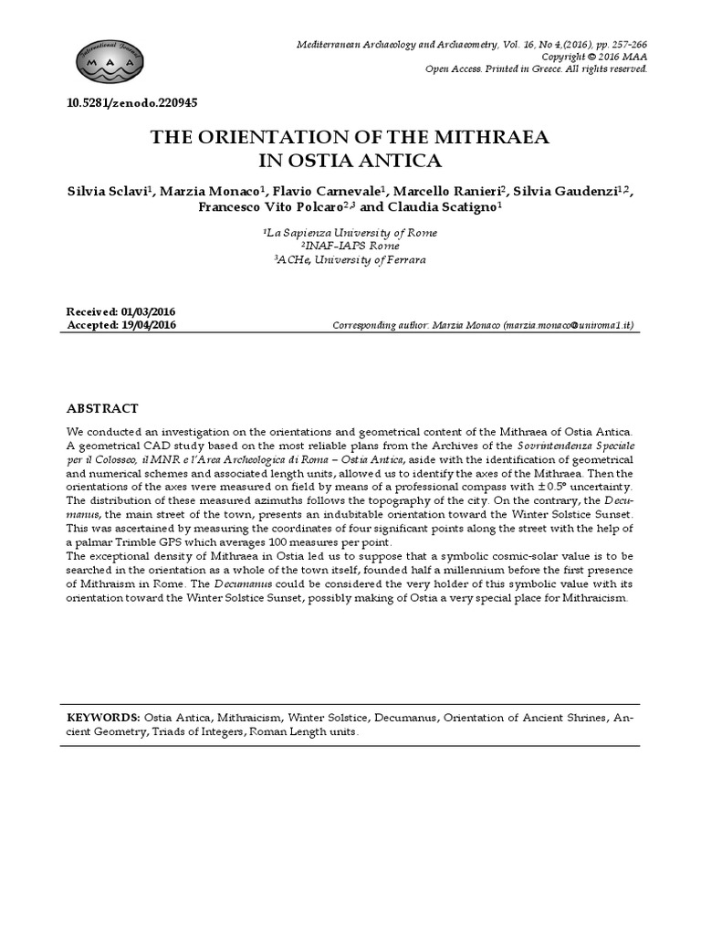 The Orientation of The Mithraea in Ostia PDF | PDF | Science | Astronomy