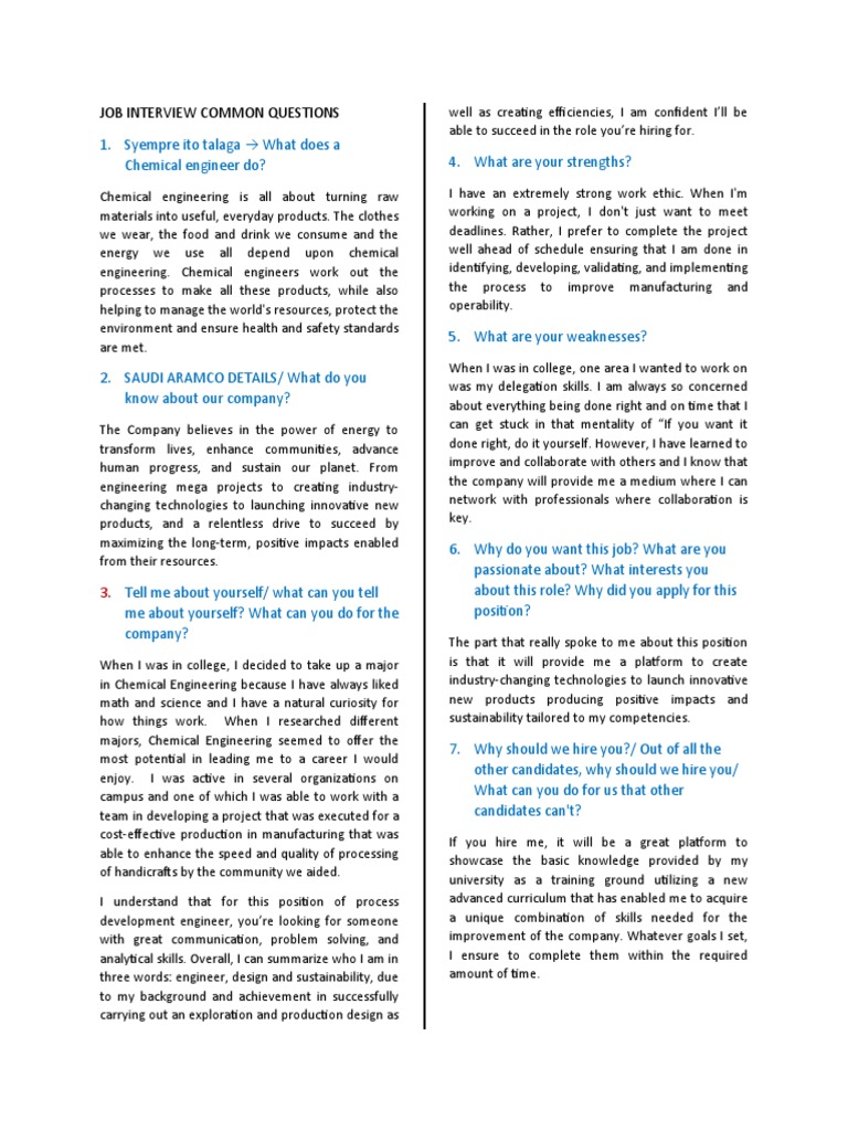 Job Interview Common Questions | PDF | Chemical Engineering | Engineering