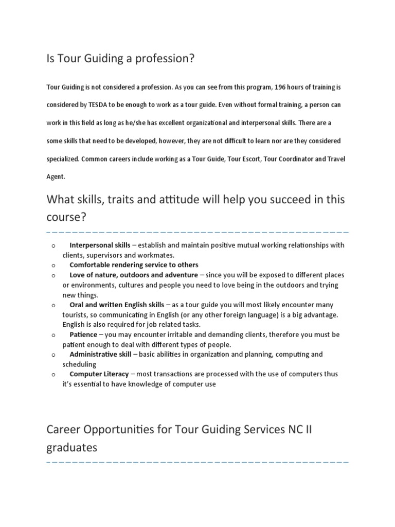 Tour Guiding: Skills and Career Paths | PDF | Skill | Tourism
