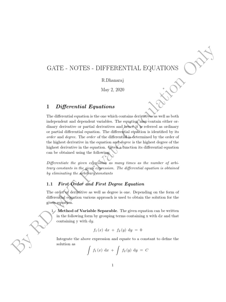 GATE Notes on Differential Equations | PDF | Equations | Derivative