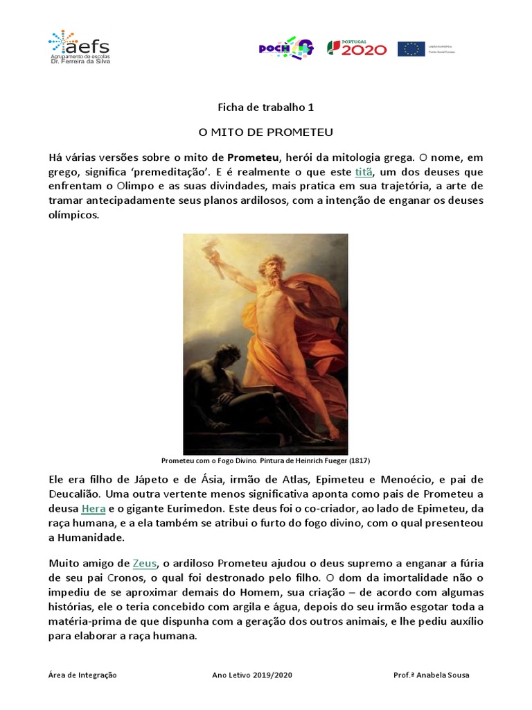 FT - 1 - O Mito de Prometeu | PDF | Prometeu | Mitologia grega