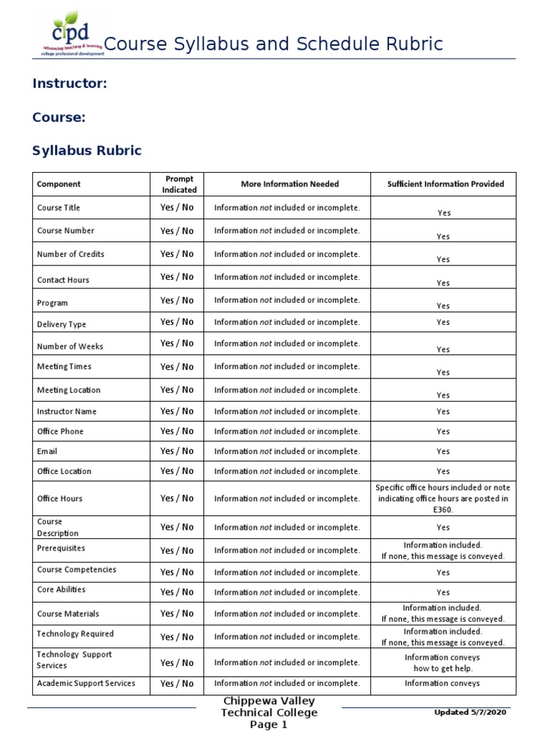 Course Syllabus and Schedule Rubric | Download Free PDF | Information ...