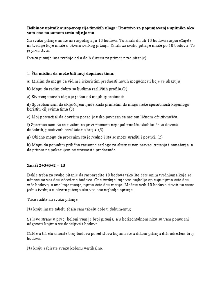 Belbinov Upitnik Autopercepcije Timskih Uloga Dodatno Uputstvo | PDF