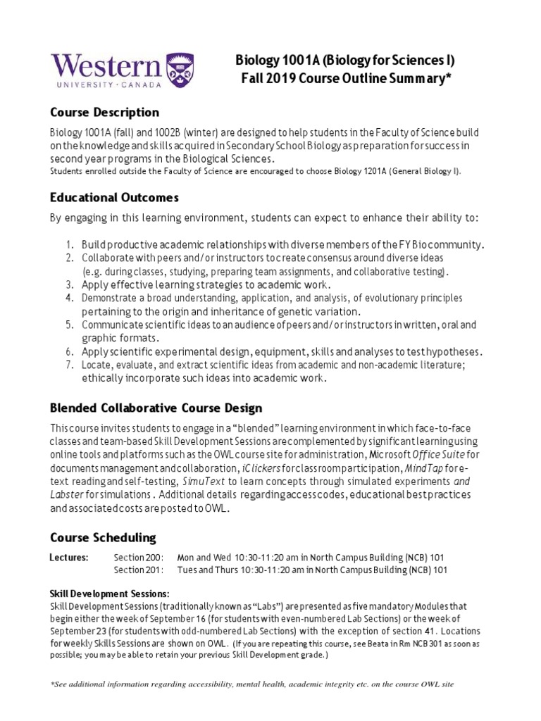 Course Description: Biology 1001A (Biology For Sciences I) Fall 2019 ...