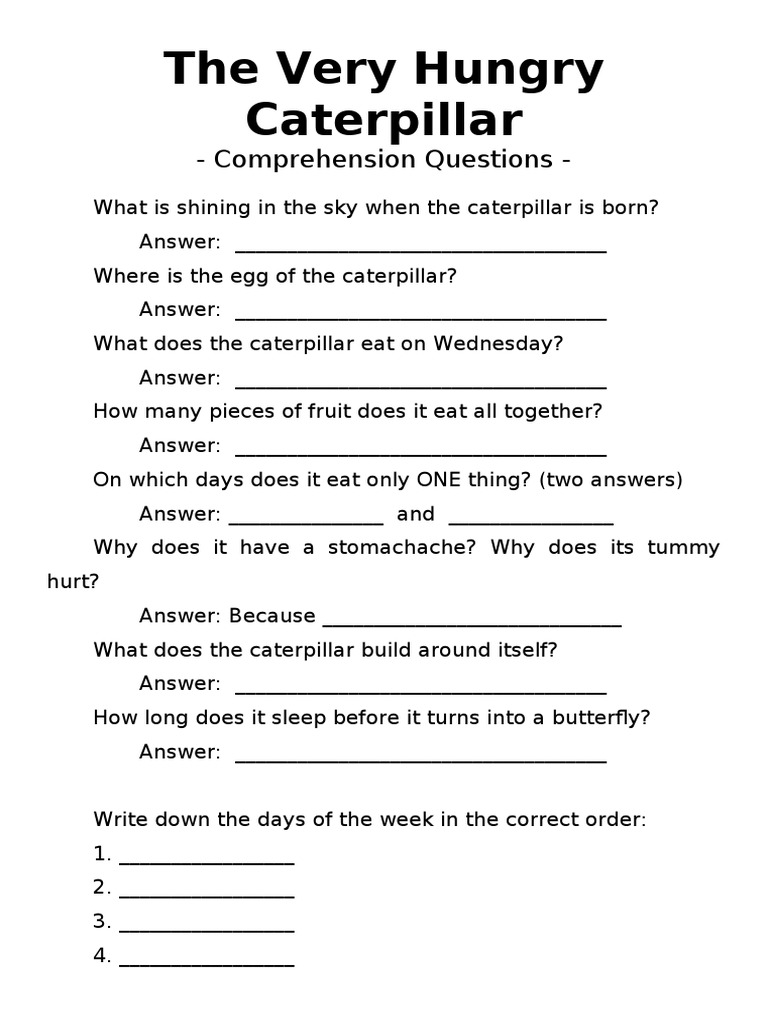 The Very Hungry Caterpillar - Questions | PDF | Language Arts ...