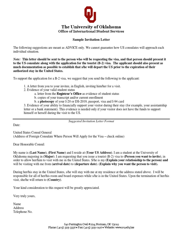 The University of Oklahoma: Sample Invitation Letter | PDF | Travel ...