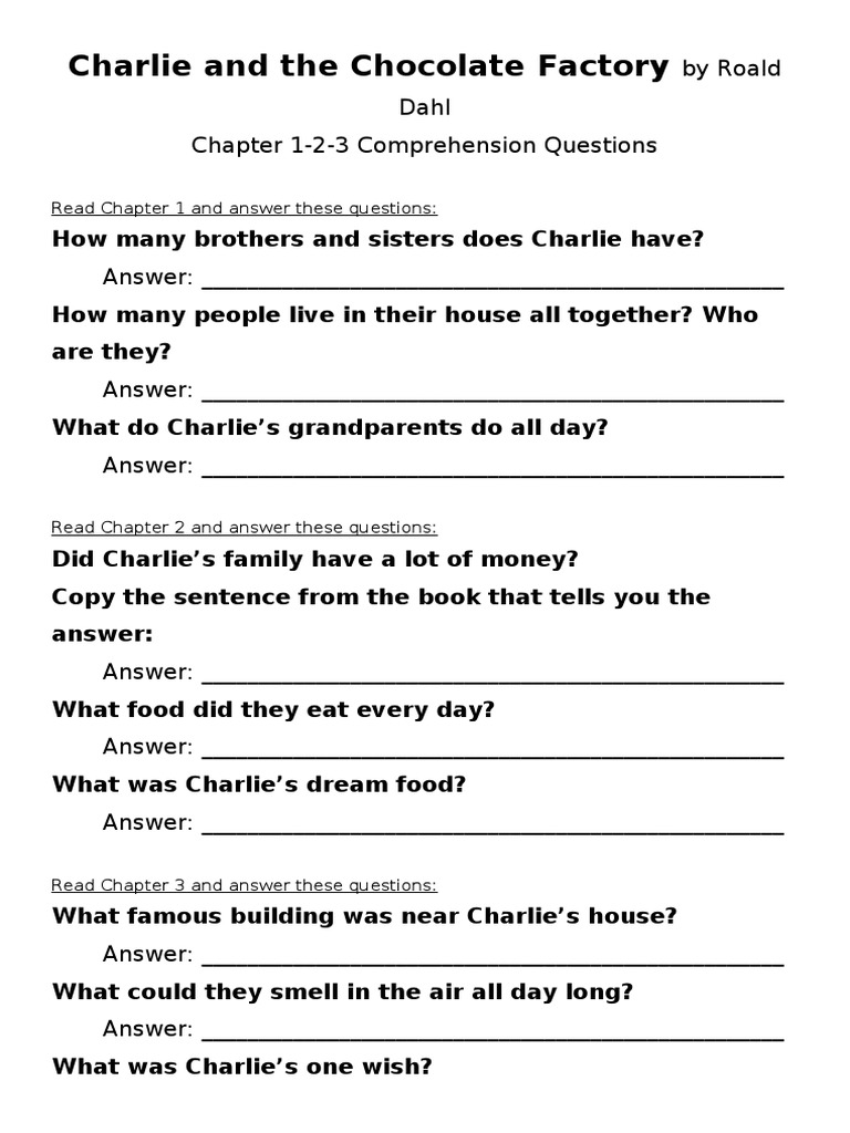 Charlie and The Chocolate Factory: Read Chapter 1 and Answer These ...