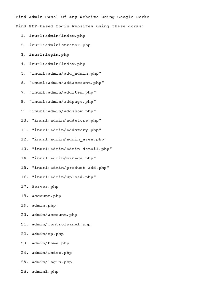 List of 4500+ Find Admin Panel of Any Website Using Google Dorks PDF ...
