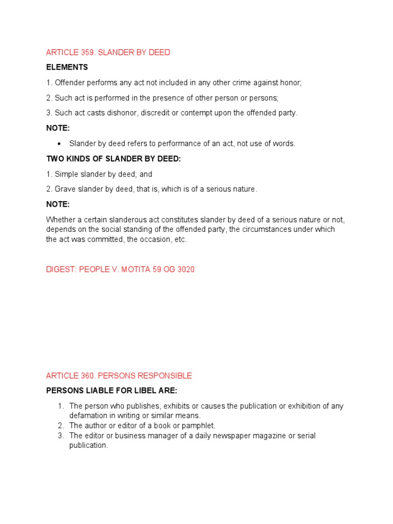 Elements: Article 359. Slander by Deed | PDF | Defamation | Ethical ...
